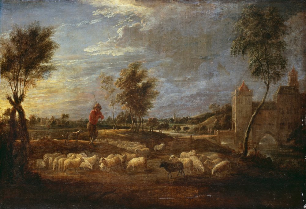 Paisagem do sol com um pastor e seu rebanho