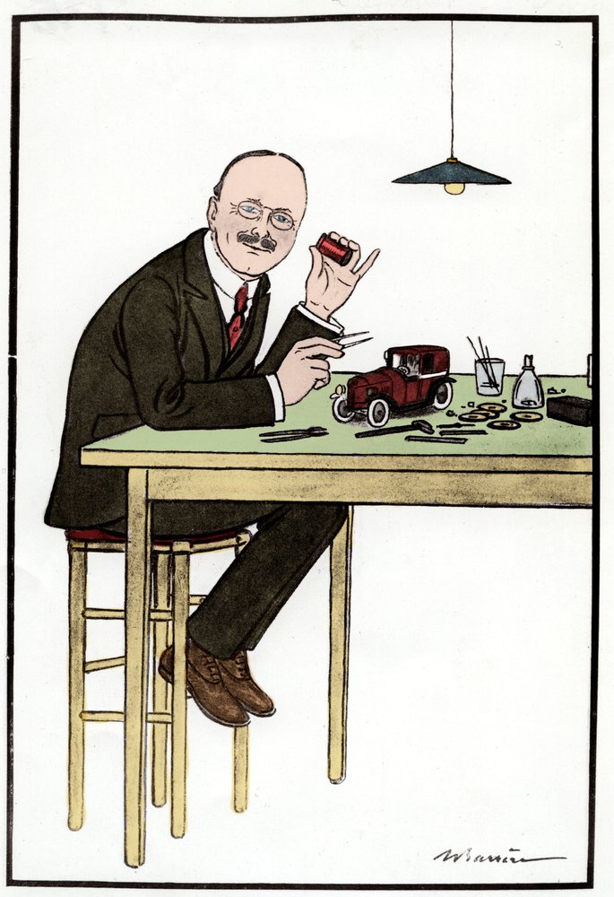 André Citroen (1878-1935), a fazer um modelo de carro; desenho de Barriere.
