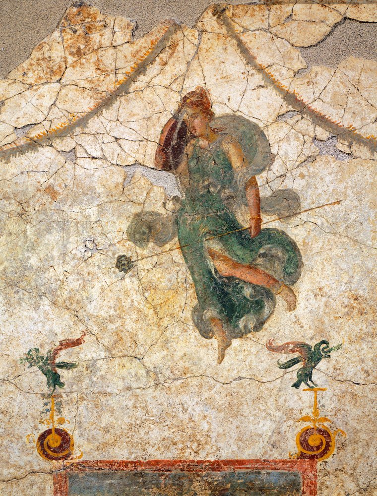 Pintura do quarto estilo pompeiano que representa uma donzela segurando ...