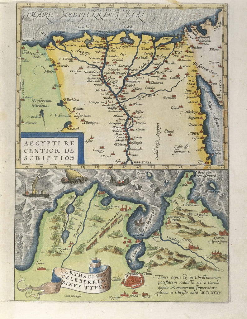 Mapa do Delta do Nilo e da antiga cidade de Cartago, do Theatrum Orbis ...