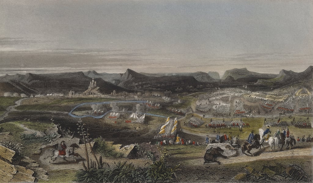 Batalha de Almansa em 25 de abril de 1707, gravada por Ed. Chavane
