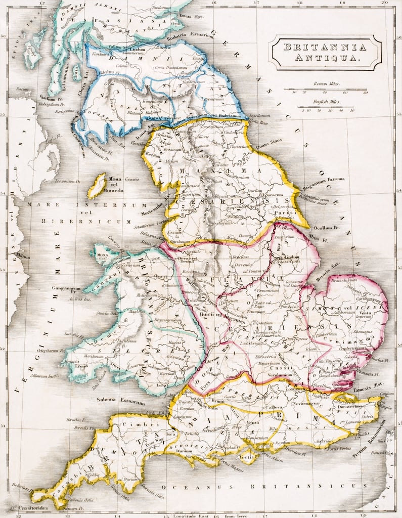 Mapa da Inglaterra, Britannia Antiqua, de "O Atlas da Geografia Antiga ...
