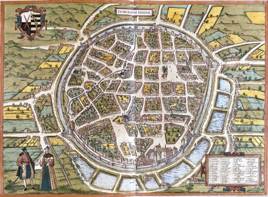 Mapa da cidade de Freiberg (Fribergum Misinae), Alemanha (gravura