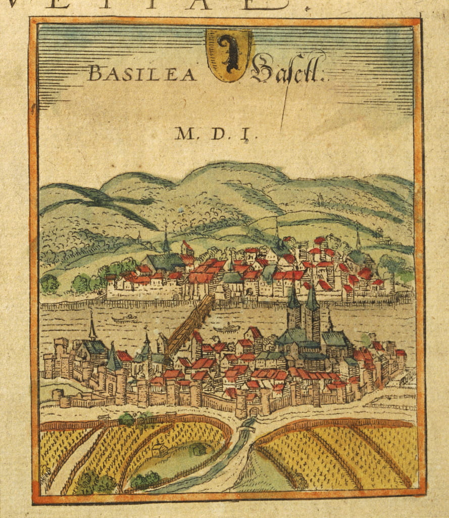 Mapa de Basileia de Civitates Orbis Terrarum por Georg Braun