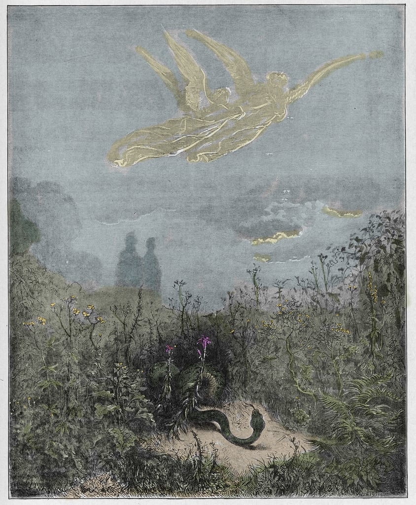 Purgatorio, Canto 8: Os anjos afastam a serpente, ilustração da Divina ...