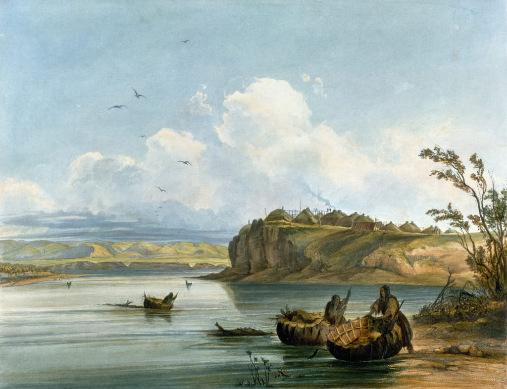 Mandan Native American Women crossing Missouri River on boats made of ...