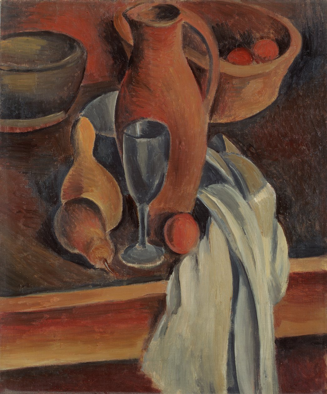 Natureza morta com jarro de barro, guardanapo branco e fruta