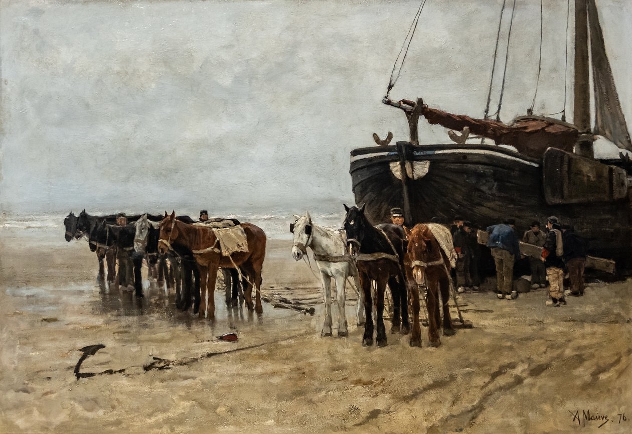 Holandês: Bomschuit com cavalos de reboque na praia de Scheveningen ...