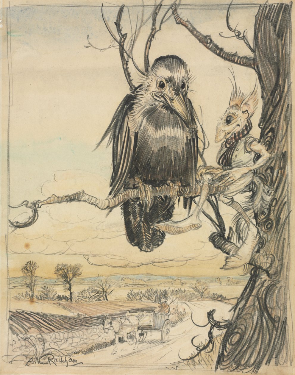 Um esquilo e um corvo | Arthur Rackham | Impressão de arte