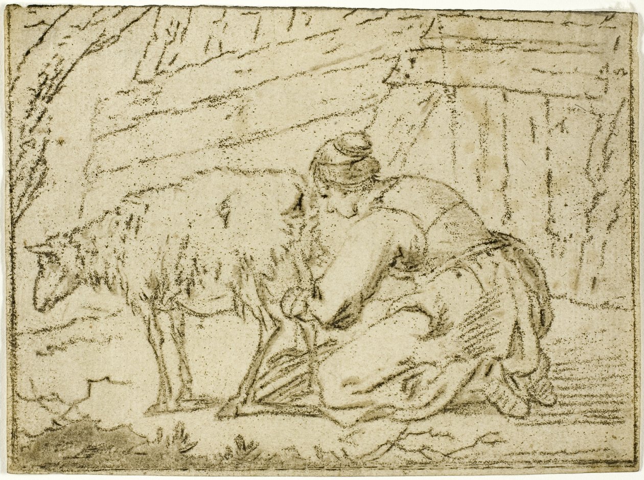 Mulher a ordenhar uma ovelha | Cornelis van Noorde