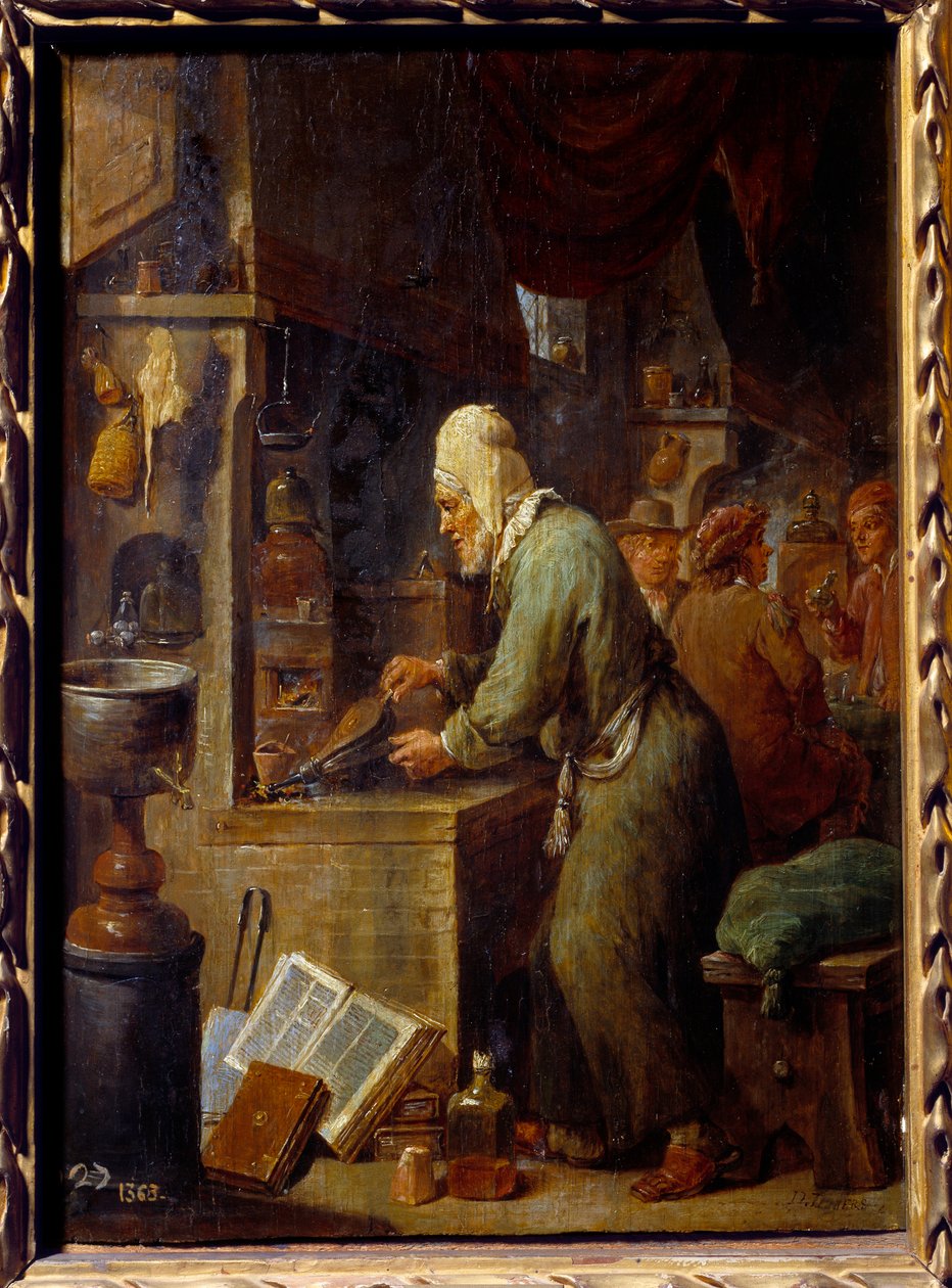 O alquimista. Pintura de David Teniers II The Young (1610-1690) Ec. Flam