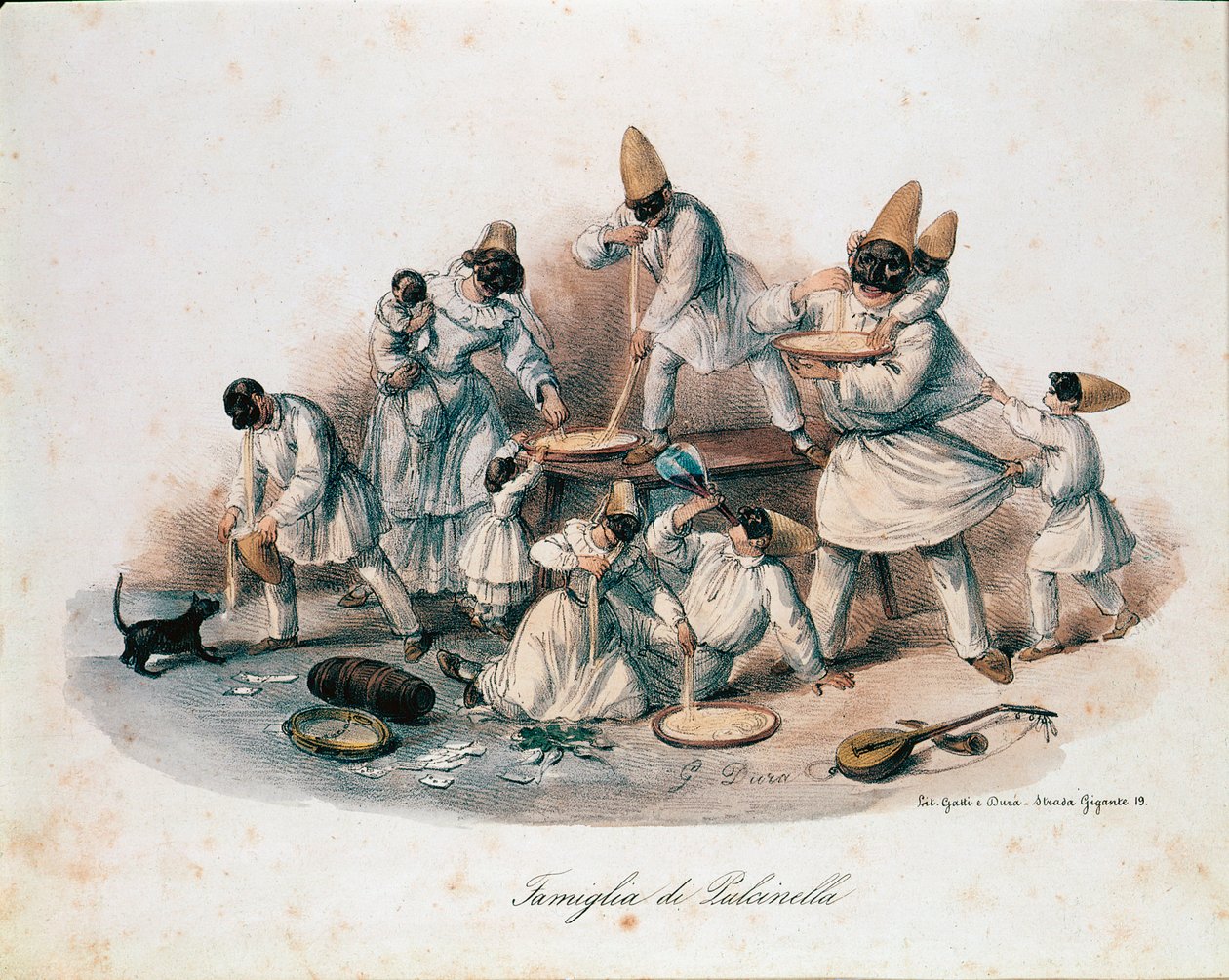 Uma família de pulcinella (polichinela) personagem da commedia dell ...