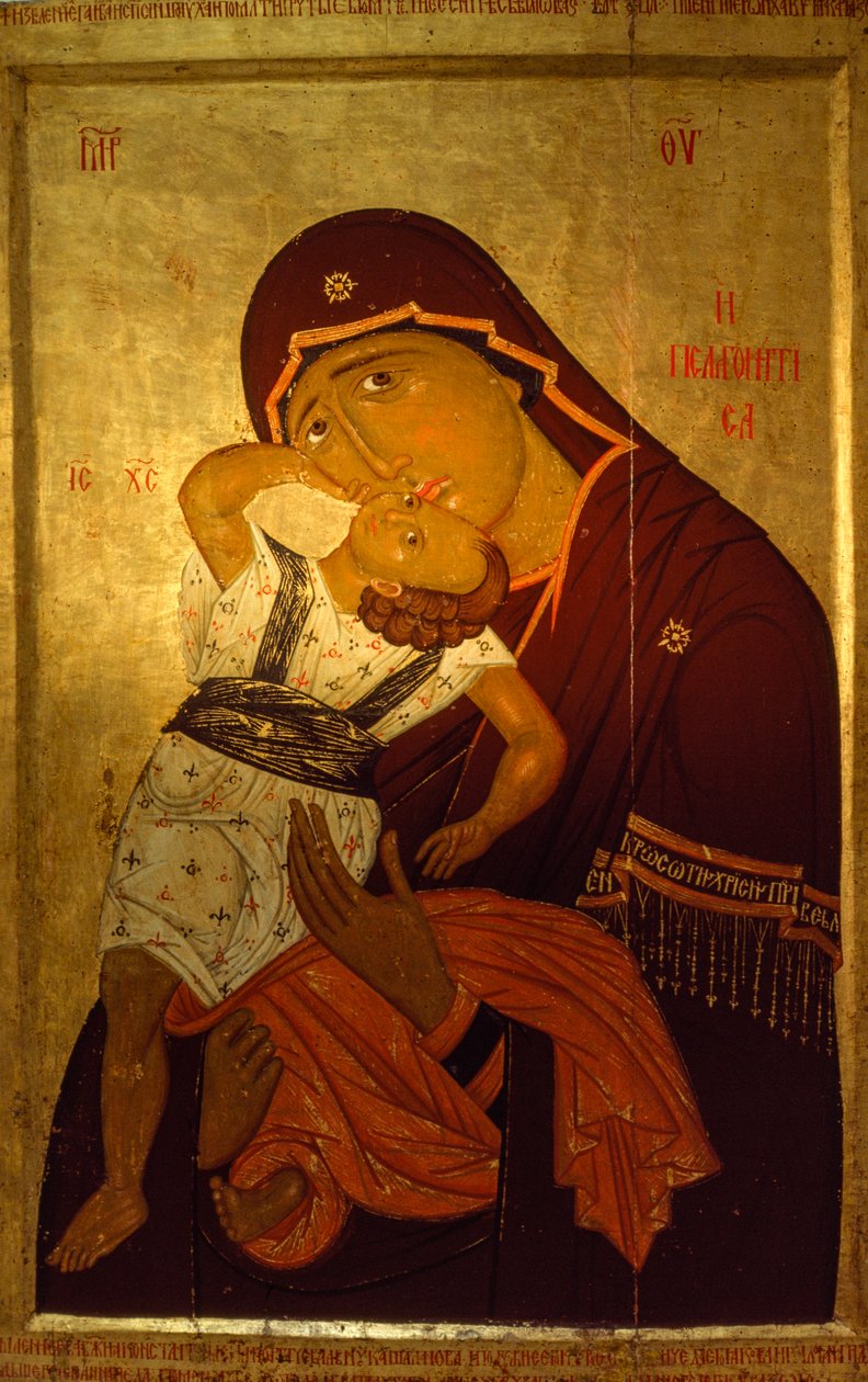 Ícone da Virgem e do Menino que reflecte o estilo bizantino tardio ...