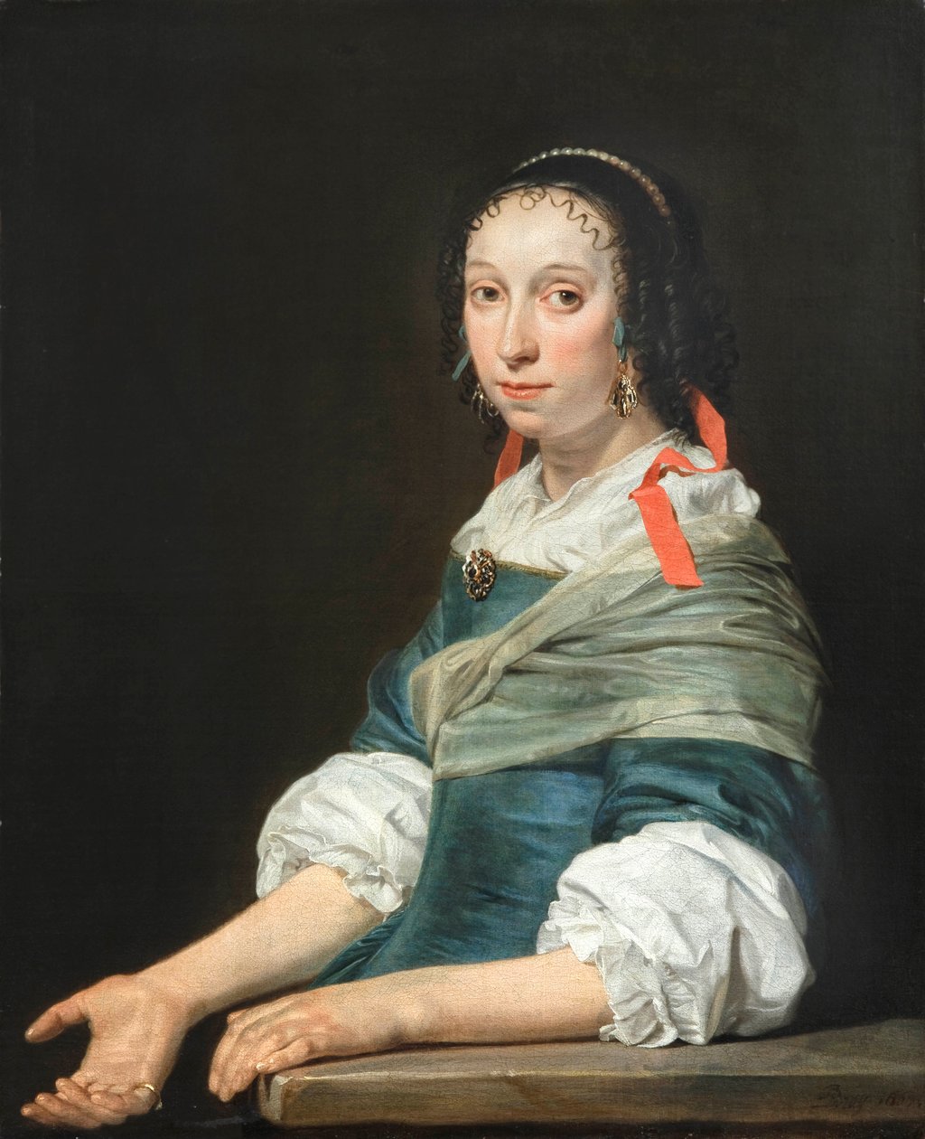 Retrato de uma senhora com uma fita vermelha no cabelo