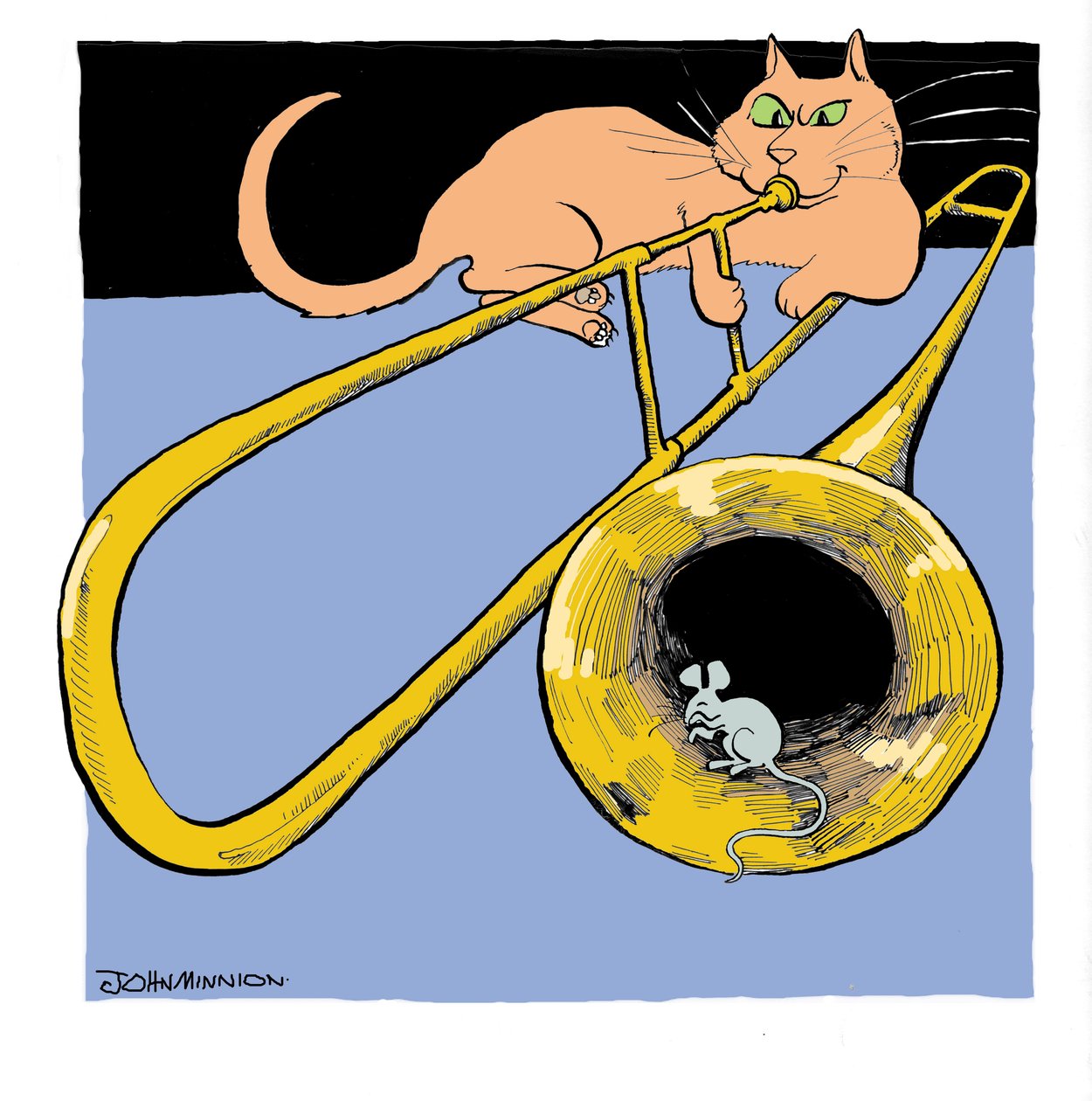 Gato a tocar trombone | John Minnion | Impressão de arte