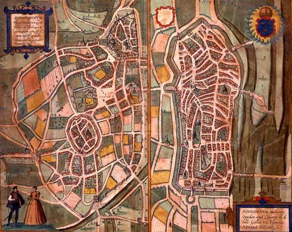 Mapas de Autun e Nevers, de 'Civitates Orbis Terrarum' de Georg Braun ...