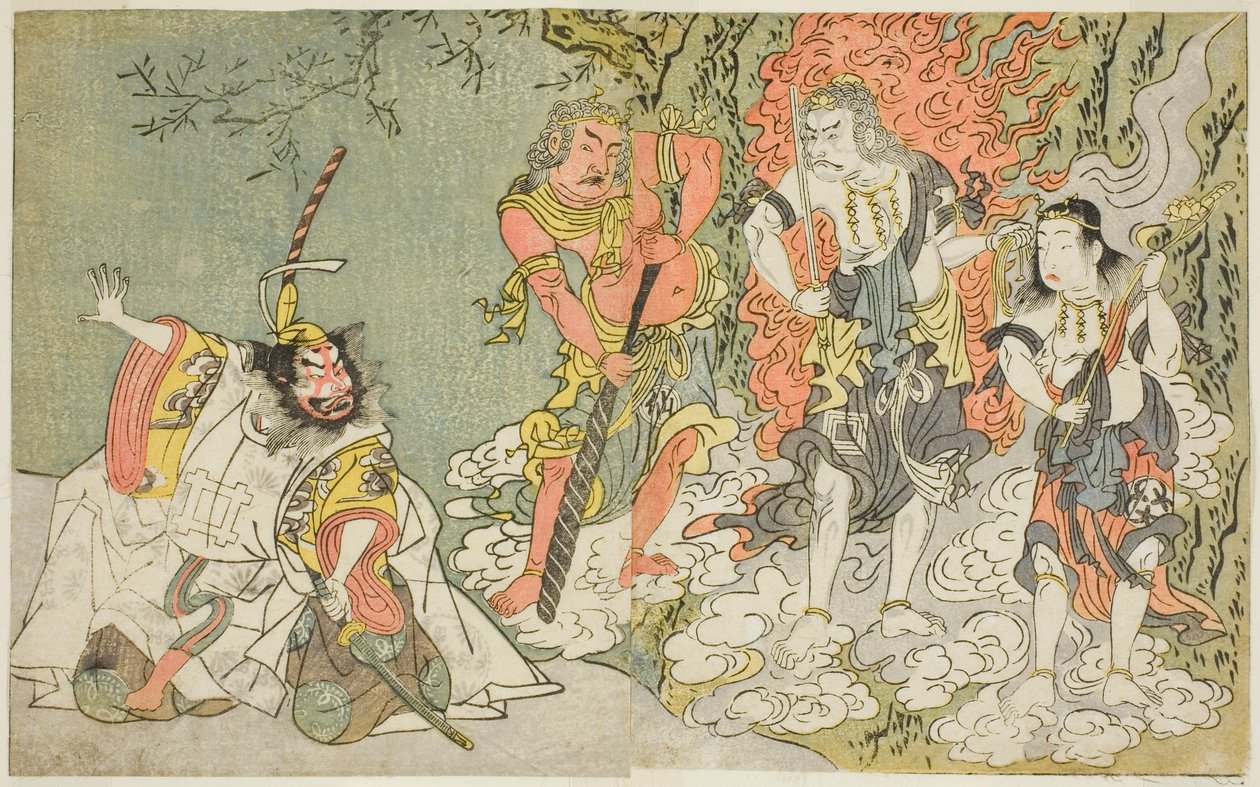 Os atores Sawamura Kijuro I como Ikazuchi Shinno, Príncipe do Trovão ...