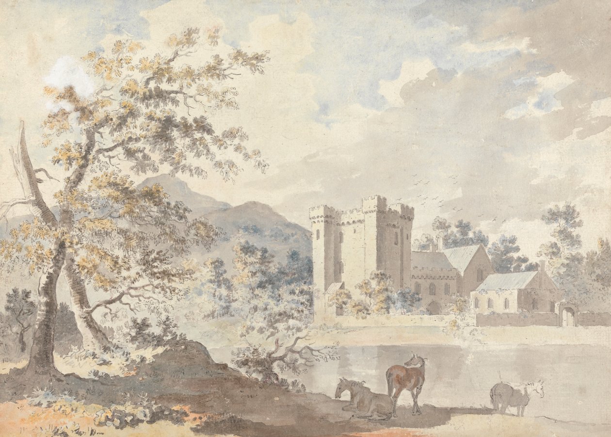 Castelo abaixo das montanhas com cavalos junto a um rio