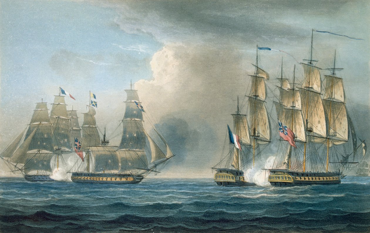 Captura do Pomone por HMS Arethusa ao largo de Cuba em 1806, gravado ...