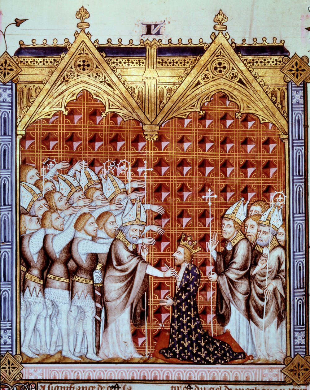 ungindo o rei de França, na presença de eveques e seus barões ...
