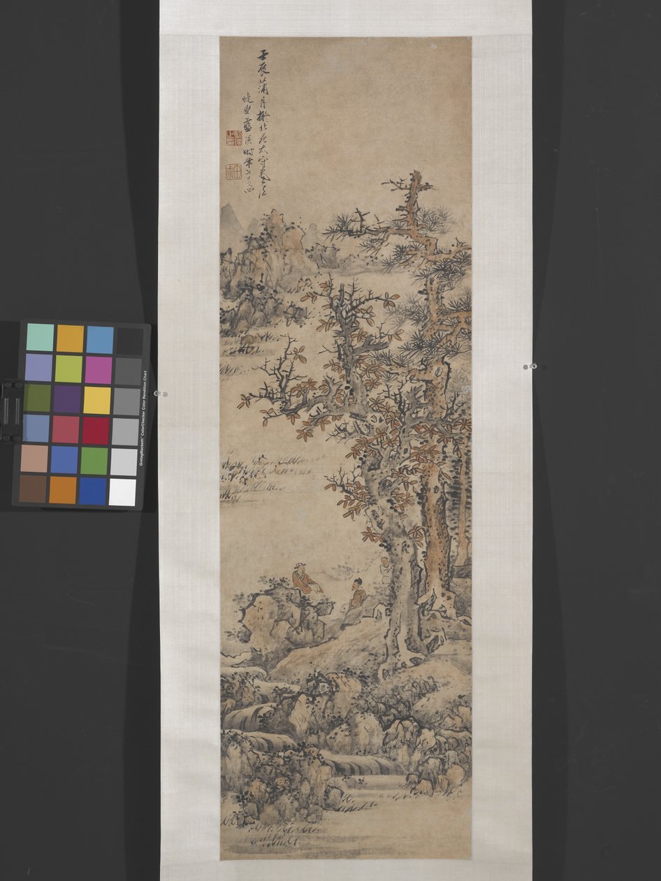 Paisagem depois de Dong Yuan [Active 10Th Century] (tinta e cor sobre ...