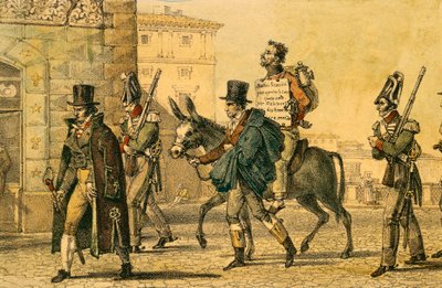 Castigo que envolvia ser conduzido pelas ruas em burro, litografia de ...